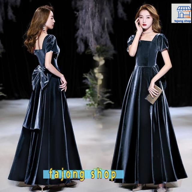 カラードレス ウェディングドレス ベロア ベルベット ブルー ブラック 半袖 ウエディングドレス イブニングドレス 発表会 演奏会 結婚式 光沢感 ファスナー 上品