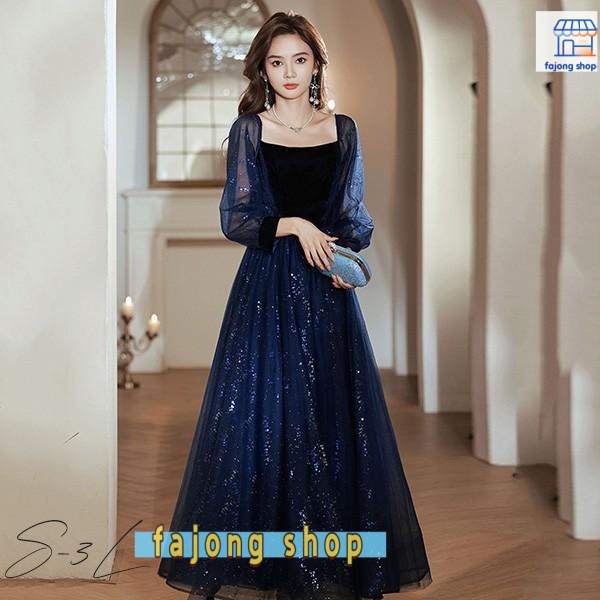 ドレス 大人 ロング丈 ぽっちゃり イブニングドレス 演奏会 ピアノ発表会 袖付き ワンピース Aライン ステージドレス 二次会 女子会 成人式 パーティードレス