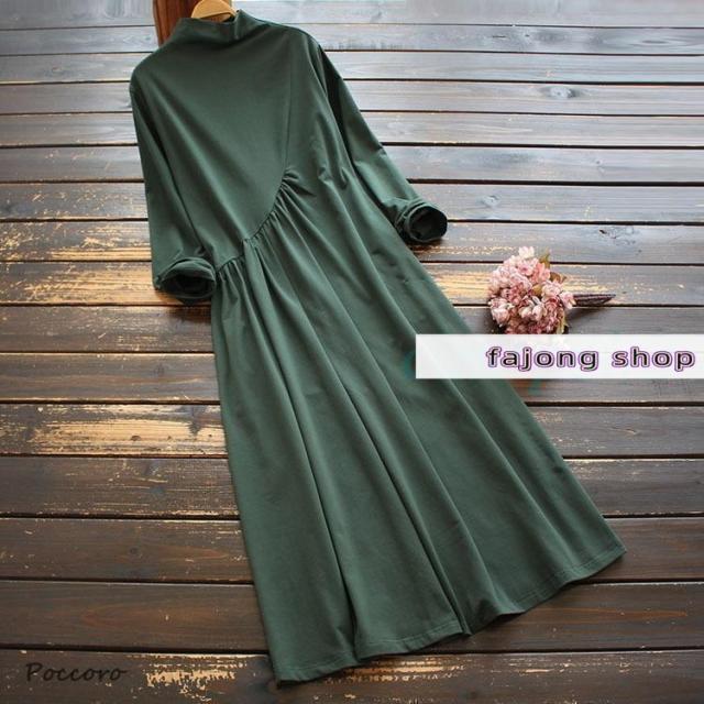 ワンピース レディース 40代 50代 きれいめ 秋 冬 秋冬 フォーマル 綿 無地 ハイネック 長袖 ロング丈 Aライン