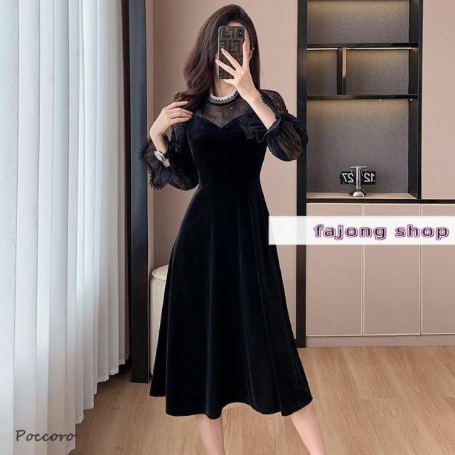 ワンピース レディース きれいめ ベロアワンピース 秋 冬 ミディアム丈ワンピース レース繋がり 長袖 フォーマルワンピース 二次会 通勤 OL 30代 40代 着痩せ