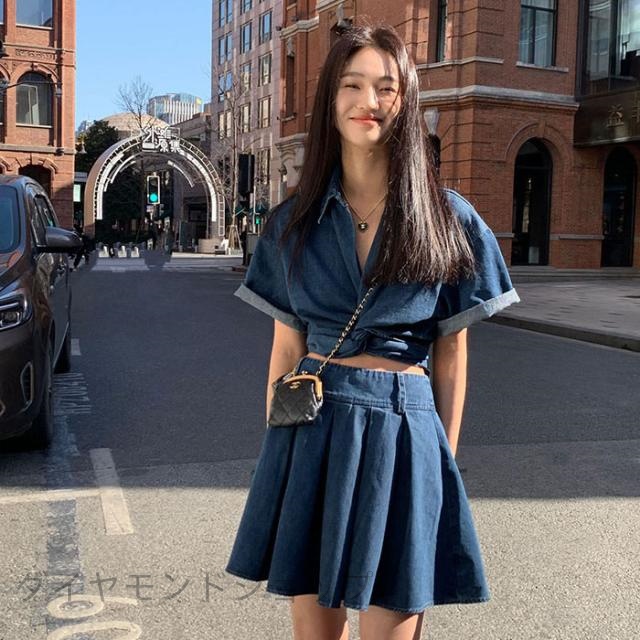 デニム セットアップ スカート ミニ  レディース  春 夏 シャツ 半袖 トップス 襟付き 個性的 2点セット カジュアル  着痩せ  クラシカル  エレガント  シンプル  無地  おしゃれ  コーデ  通勤 学生 OL  日常  デート ショート丈 デニム スカート プリーツ セット