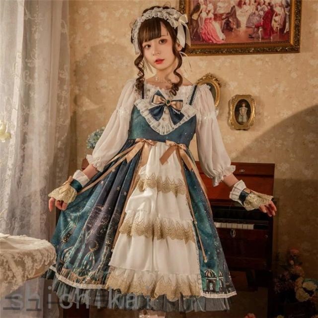 Lolitaワンピース レディース ノースリーブ 少女 お姫様 森ガール フリル襟 レース 蝶結び付き エプロン 膝丈ワンピース ロリータ風 夢かわいい 通学 通勤 茶会 学園祭 ドレス 日常 イベント 忘年会 文化会 ホワイトデー