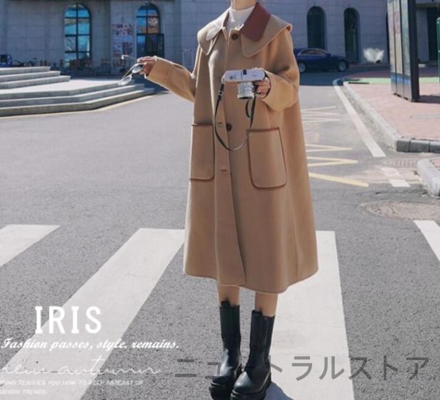 送料無料コート ｐコート　ロング丈　長袖　ロールカラー　カジュアル　レディース　秋冬　防寒　無地　シンプル　大人かわいい　甘い