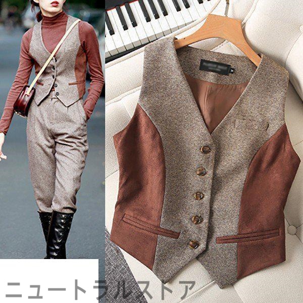 ジレ ベスト レトロ レディース クラシック ヘーリングボーン 柄 冬 秋 春 イギリス風 格好いい おしゃれ 大きいサイズ 女性 トップス 前開き