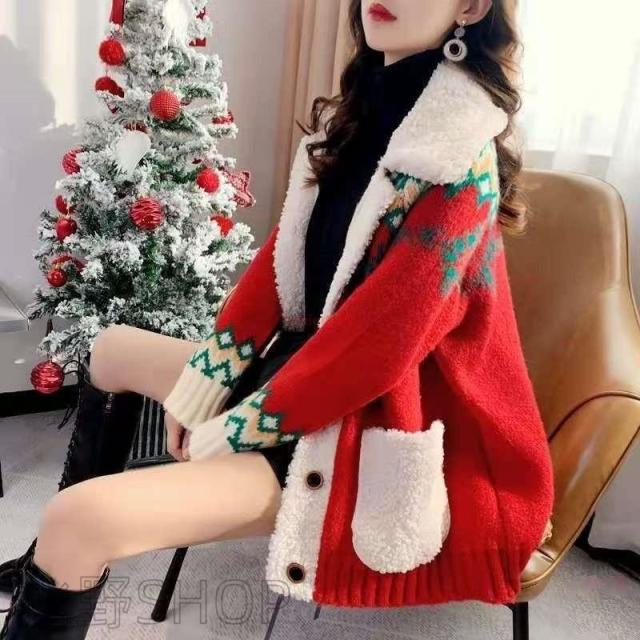 カーディガン ニット ニットカーディガン レディース 冬 セーター アウター 羽織り クリスマス 秋冬 赤セーター ゆったり コーディガン 切り替え 部屋着 赤 緑