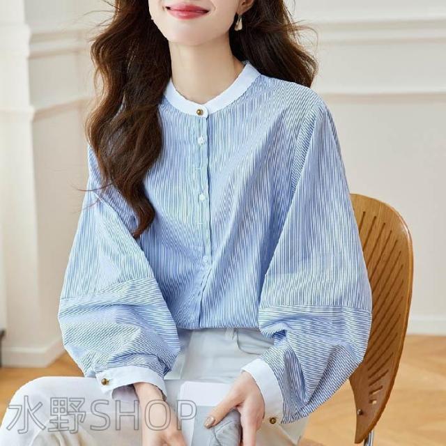 シャツ ブラウス レディース 春 夏 秋 長袖 シャツ 綿 バンドカラー 無地＆ストライプ柄 トップス コットン ボリューム袖 ぽわん袖 フェミニン 着回し シンプル