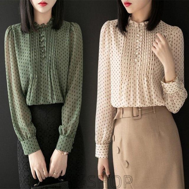 ブラウス レディース きれいめ 40代 春夏秋新作 オシャレブラウス シフォンシャツ 長袖トップス ドット柄フレアブラウス 大人 通勤 ゆったり シャツ