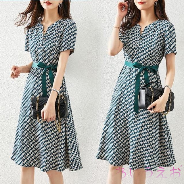ワンピース レディース 40代 きれいめ 膝丈ワンピース 春夏 半袖ワンピース 幾何プリント リボン Aラインスカート オシャレ大人 ゆったり 韓国風 通勤OL