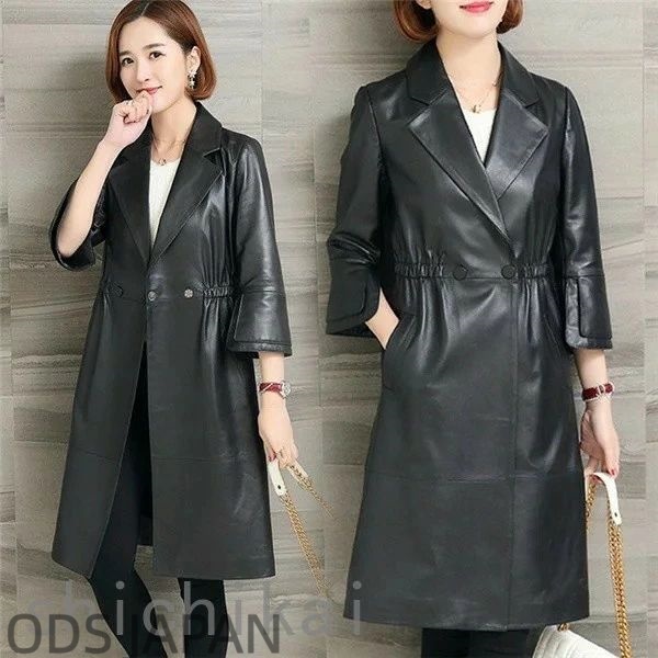 本革ジャケット ラムレザージャケット テーラードコート レディース 秋冬アウター 革コート 羊革 アウター リアルレザー ロング丈 7分袖 ブラック ホワイトデー