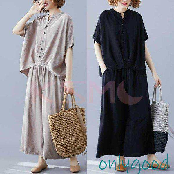 セットアップ 森ガール レディース Tシャツ ガウチョパンツ 九分丈 体型カバー ゆたり 大きいサイズ カジュアル 夏物 ママ 30代 40代 50代