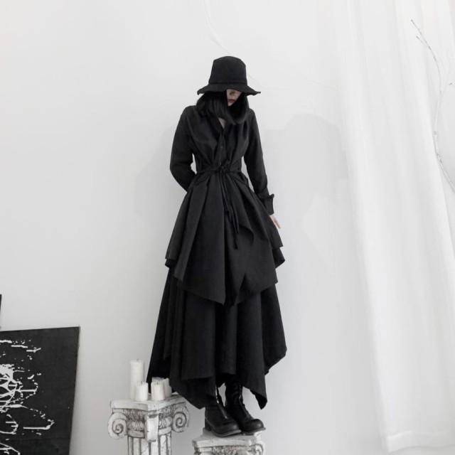 シャツワンピース ロングワンピース アシンメトリー 斜めドレープ ロングシャツ ワンピース レディース フィッシュテール シャツワンピース モード系 原宿系 ゴ