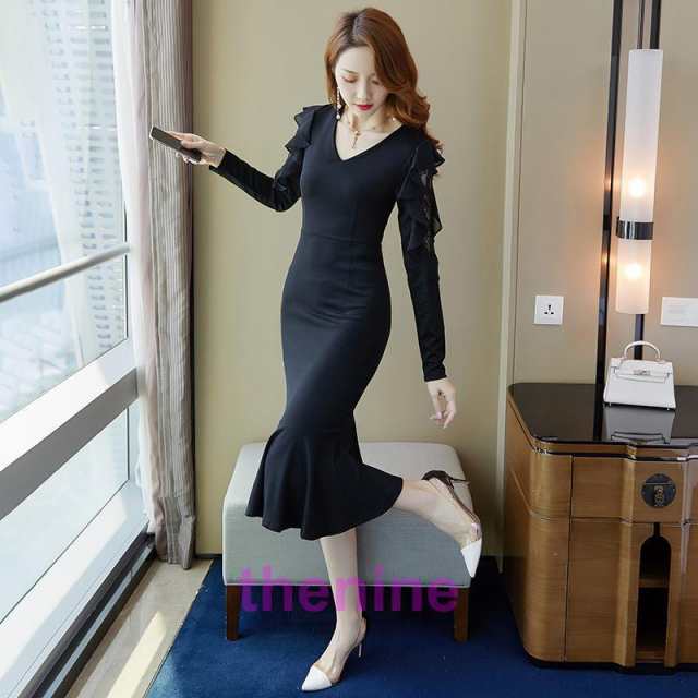 ワンピース　袖あり　レース　フレア　フリル　マーメイド　レディース　ミディアム丈　膝丈　キャバドレス　七分袖　結婚式　春　二次会　お呼ばれ　カジュアル