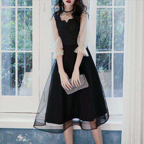 パーティードレス ワンピース 結婚式 演奏会 二次会 お呼ばれ 謝恩会 大きいサイズ ミモレ丈 袖あり 7分袖 シースルー シフォン フレア Aライン パール チュール