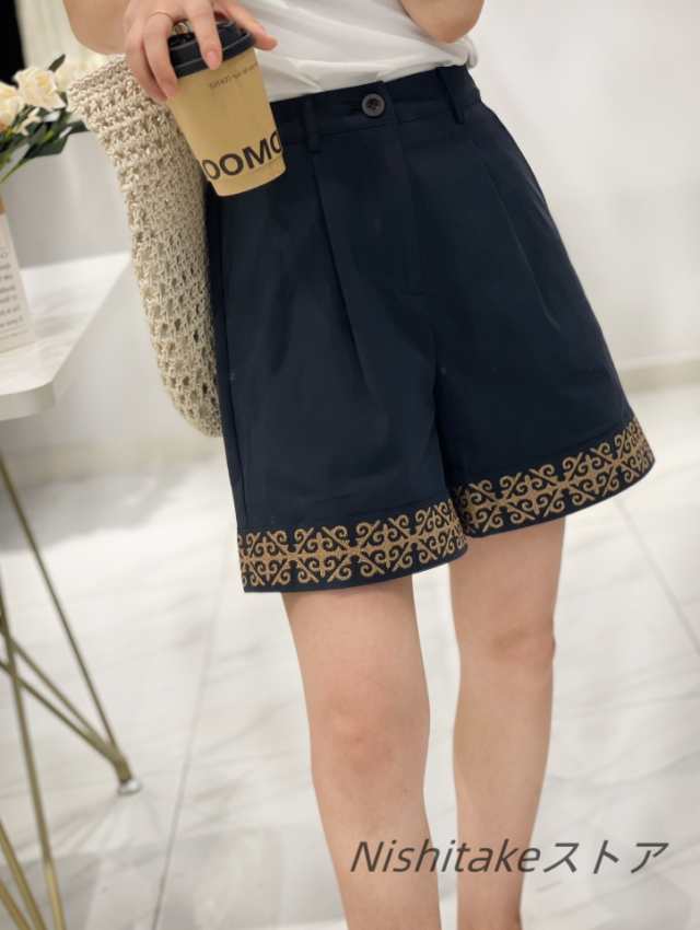 夏のレディースファッション 民族風刺繍デザイン Aライン ハイウエストワイドパンツ ゆったり履き心地 スリム見え カジュアル 弾性ウエスト ショーツスタイル