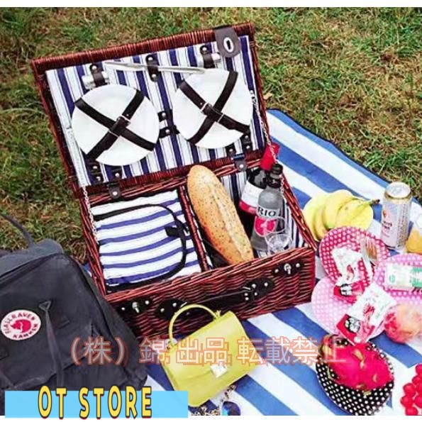 ピクニックバスケット籐ポータブル屋外ピクニックバスケットカトラリー断熱材付き編まれたバスケットカバー付きキャンプピクニックバスケット2-4人