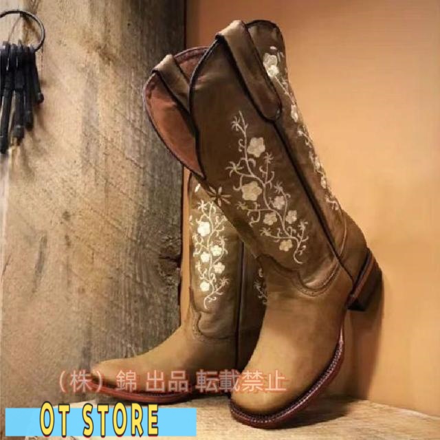 ウエスタンブーツ ウエスタン カントリーダンス カウボーイ 刺繍 ロングブーツ 女性用 本革調 茶色 カーキ ブラウン ラウンドトゥ ジョッキーブーツ