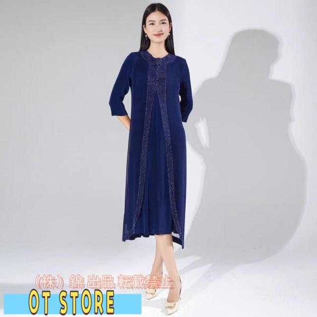 レイヤード風 ワンピース レディース パーティードレス 結婚式 お呼ばれドレス 60代 50代 40代 袖あり 長袖 フォーマルワンピース 上品 重ね着風