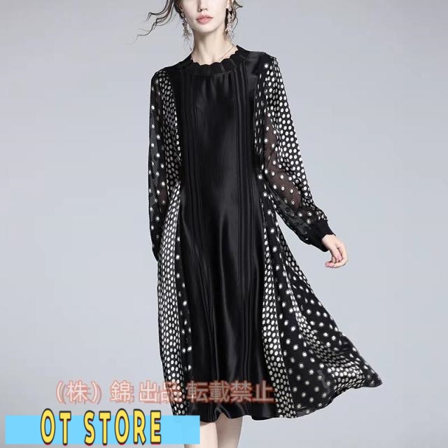 ライン ドット柄 ロング丈 結婚式ワンピース フォーマルドレス お食事会 両親 顔合わせ服装40代50代60代70代 お見合い 母親 叔母 祖母 ぼっちゃり