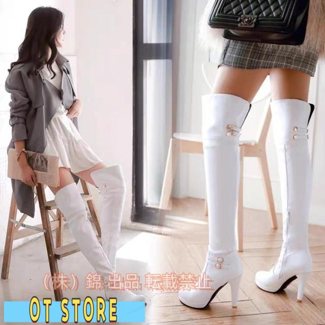 ロングブーツレディースニーハイブーツ9.5CM太いヒールレザー調ベルトバックル美脚最高ジョッキーブーツ防滑黒白歩きやすいハイヒールスムース
