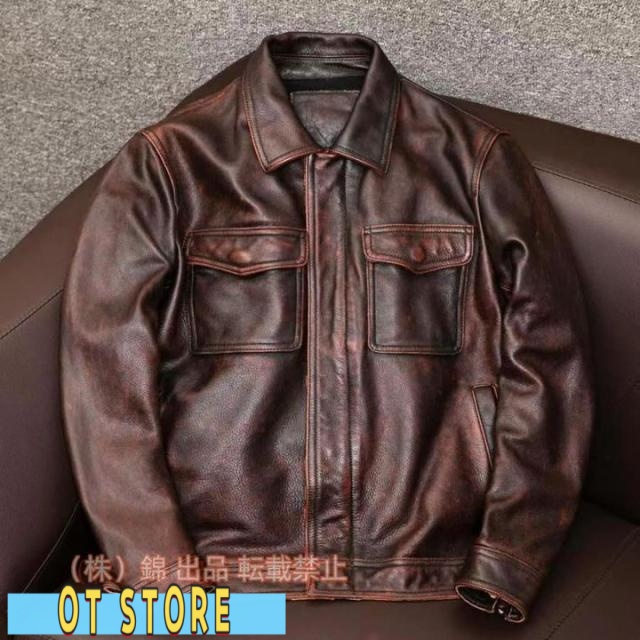 新品推薦☆アメカジ ダスト/ユーズド加工☆カウハイド メンズ 革ジャン  レザージャケット ジャンパー ブラウン