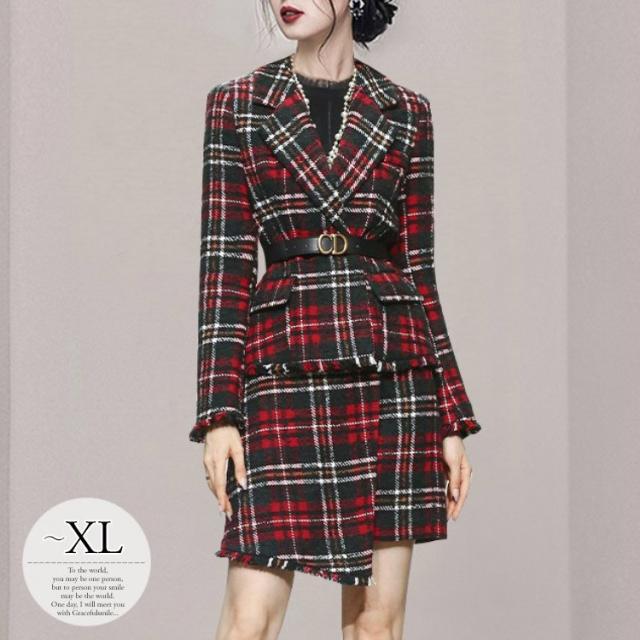 スカートスーツ セットアップ ジャケット タイトスカート チェック タータンチェック ラップスカート 膝上 総柄 レッド ブラック ホワイト イベント/
