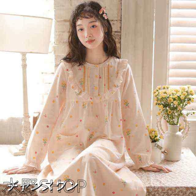 ネグリジェ ワンピース パジャマ ルームウェア 和風 ルームワンピース 綿 フリル付き 花柄 おしゃれ ゆったり ロングネグリジェ レディー