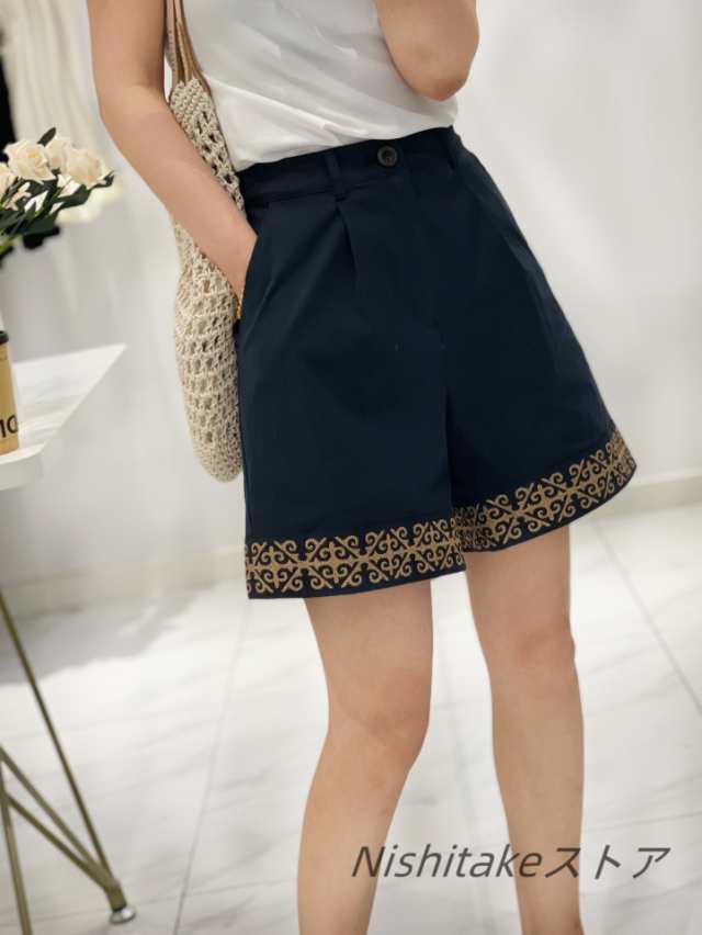 レディース夏用 民族風刺繍がおしゃれ Aラインシルエット ハイウエスト ゆったりワイドパンツ スリム効果 カジュアル 弾性ウエスト 快適ショーツ