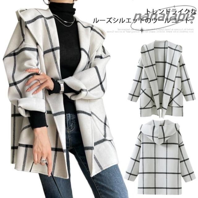 ウールコート フードジャケット レディース ウール混 アウター ミドル丈 フード付き コート おしゃれ チェック柄 ジャケット 羽織り 長袖 ゆったり ロングコート あったか 防寒 ドロップショルダー 大きいサイズ ガウンコート カジュアル 上品 きれいめ 秋冬 冬 秋 送料無料