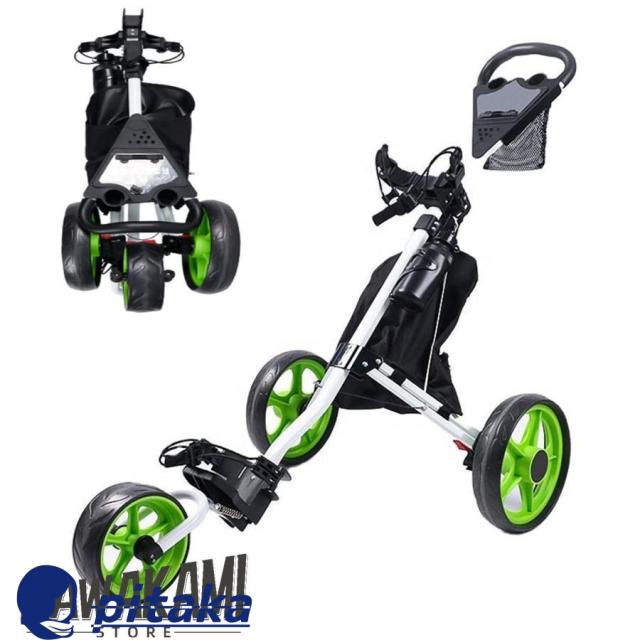 グリーンゴルフカート プッシュプルゴルフカート 折り畳み式カート アルミ合金製 ハンドブレーキとドリンクホルダー付き 開閉が簡単 練習収納 手引きゴルフクラ