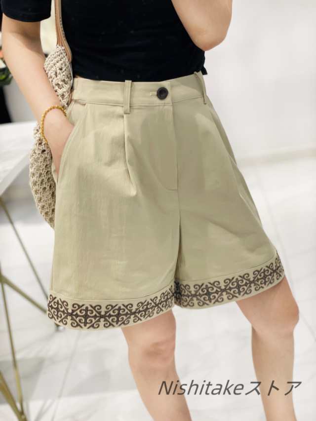 レディース ファッション  夏 着用 Aライン 民族風刺繍 ゆったり ハイウエスト スリム カジュアル パンツ ワイド レッグ 弾性 ウエスト ショーツ