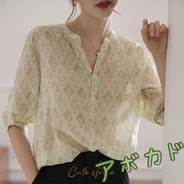 ブラウス レディース きれいめ 40代 春夏 上品 vネックブラウス 花柄シャツ トップス 半袖  韓国風 トップス 大人 上品 通勤 着痩せ 30代 50代