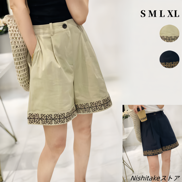 レディース ファッション  夏 着用 Aライン 民族風刺繍 ゆったり ハイウエスト スリム カジュアル パンツ ワイド レッグ 弾性 ウエスト ショーツ