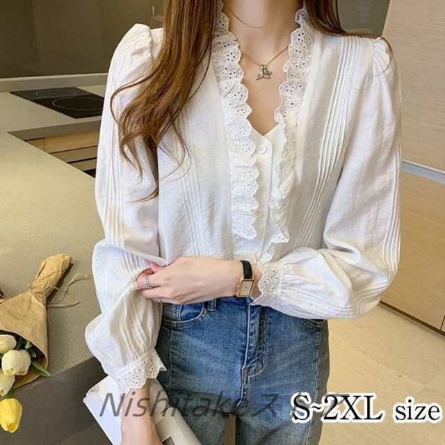 シャツ ブラウス 40代 レディース 春夏 フリル Vネック 長袖 通勤 韓国風 トップス オフィス きれいめ 50代 30代 オシャレ 大人 ゆったり