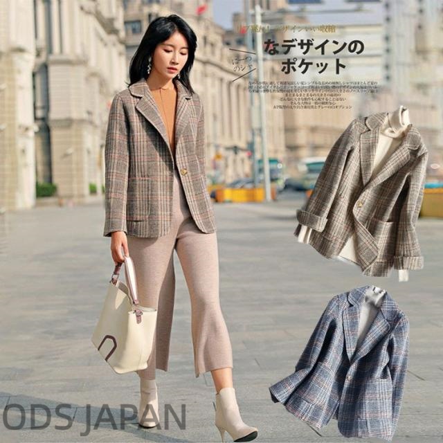 コート アウター レディース 秋 冬 上着 ハンドメイド チェック仕様ウール混コート 大きいサイズ  20代 30代 40代 婦人 服 ブラウン ブルー