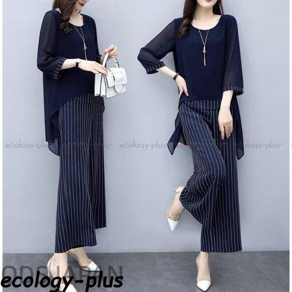 セットアップ ワイドパンツ レディース きれいめ 2点セット トップス シフォン ブラウス  ストライプ ゆったり 体型カバー 大きいサイズ 二次会 30代 40代 50代