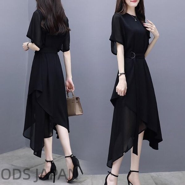 ワンピース ロング丈  レディース   半袖ワンピース 不規則 フォーマル  体型カバー シンプル ブラック お呼ばれパーティード