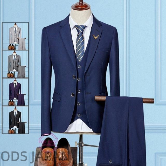 カジュアルスーツ 3ピーススーツ スーツセット メンズ スーツ 2つボタン ビジネススーツ ベスト*パンツ＋ジャケット 細身 春物 春服