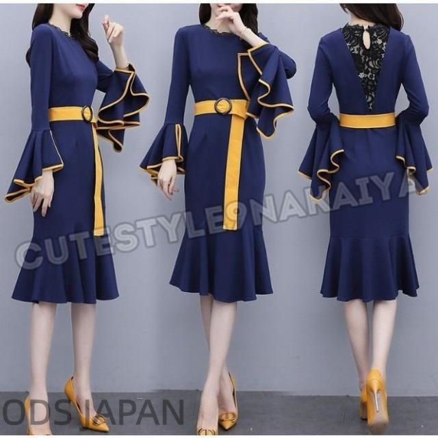 ワンピース 膝丈 レディース 長袖 ワンピース フリル レース ベルト付き きれいめ  通勤 ドレス 二次会 おしゃれ 大きいサイズ 着痩せ 秋 冬 きれい 30代