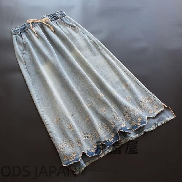 スカート レディース デニム 40代 きれいめ 春夏 大きいサイズ 花柄 刺繍 膝下丈 Aライン カットオフ