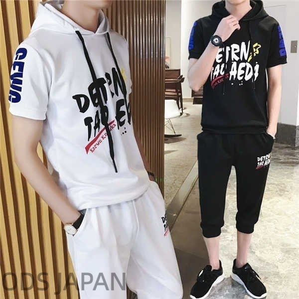 スウェット メンズ パーカー 半袖 Tシャツ 文字 ルームウェア セットアップ 部屋着 ボトムス スウェットパンツ クロップドパンツ おしゃれ 通気 運動風 春夏
