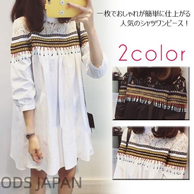 エスニックワンピース　ミニワンピース　長袖ワンピース　プルオーバー　レディース　スタンドカラー　レース切り替え　シースルー　2020春新作