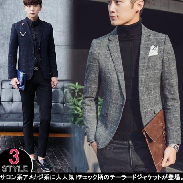 テーラードジャケット　テラジャケ　ライトジャケット　アウター　メンズ　長袖　グレンチェック　羽織り　スリム　細身　オフィス　通勤　お洒落　2020春新作