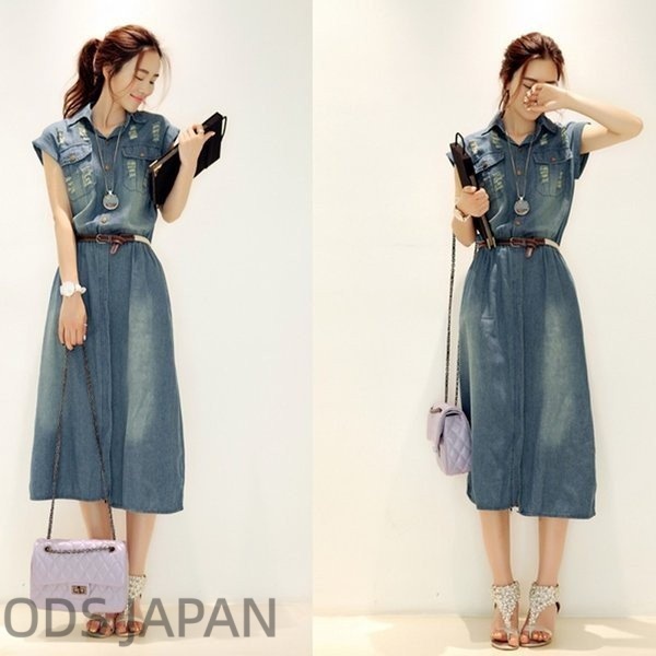 デニムワンピース 半袖 ノースリーブ  フレンチスリーブ ミモレ シャツ フェミニン レディース 春夏