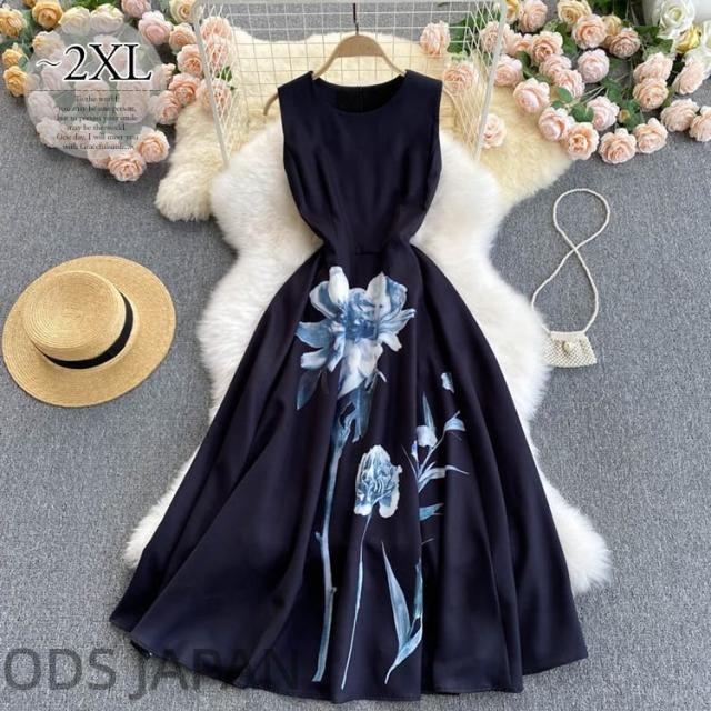 ワンピース プリント柄 ラウンドネック 花柄 ノースリーブ かわいい リモート デート 大人可愛い 休日スタイル ディナー カジュアル