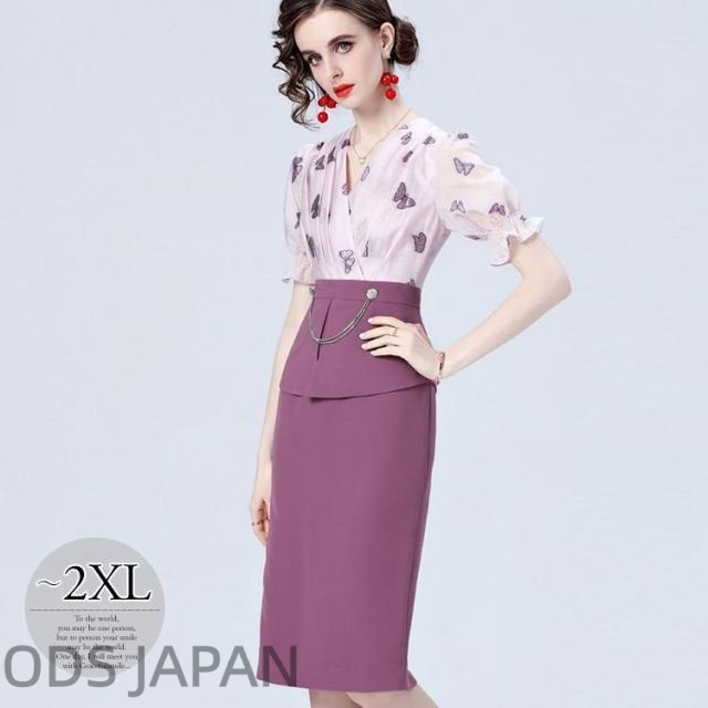 ワンピース ドッキングワンピ パフスリーブ 半袖 袖口フリル ウエスト切替 オフィスカジュアル カシュクール 蝶 膝丈ワンピース ヨーロピアン