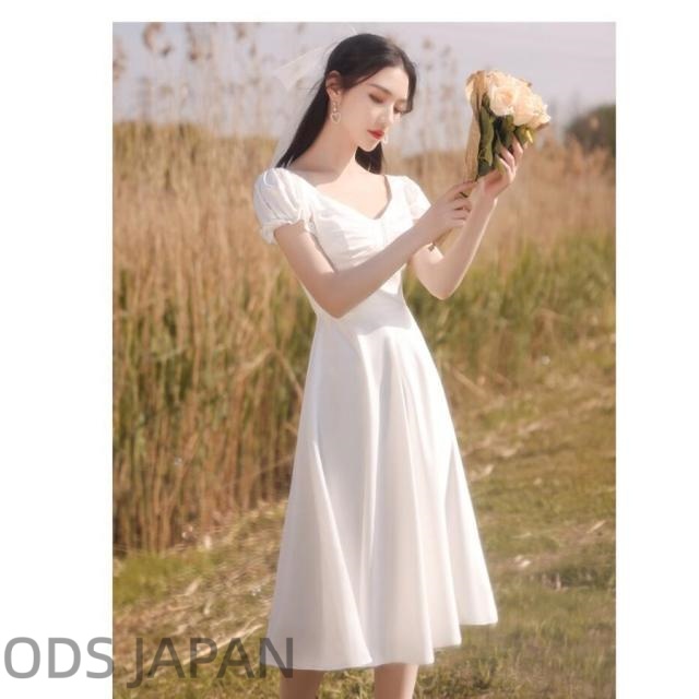 パーティードレス ミモレ丈 ウエディングドレス 結婚式ドレス 二次会 衣装 舞台 披露宴 演奏会 発表会 ピアノ 20代 30代 40代 イベント用 上品 袖あり