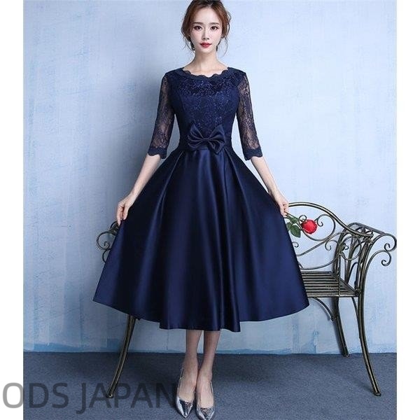 パーティードレス ミモレ丈 膝丈 袖あり 結婚式 お呼ばれ レース切替 二次会 演奏会 披露宴 透け感  ネイビー 大きいサイズ S?3L