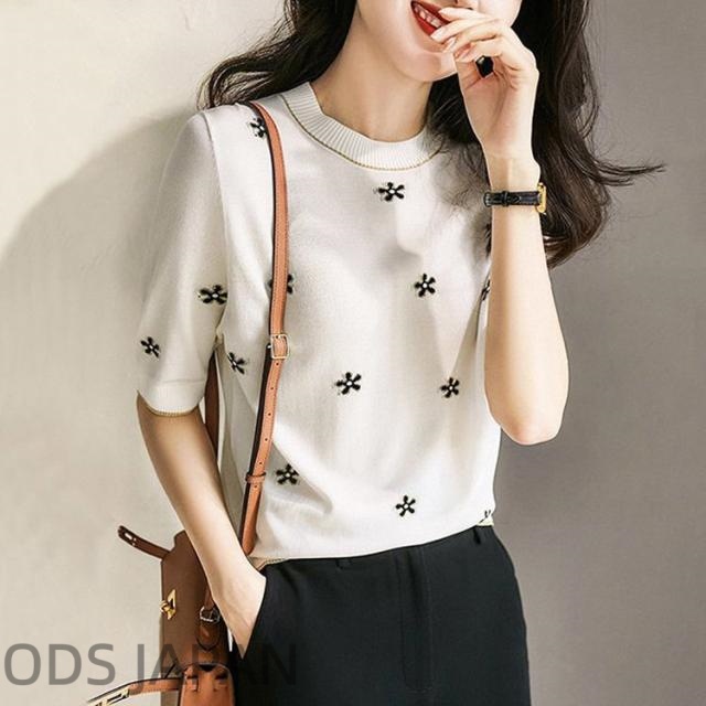 Tシャツ レディース 40代 春夏新作 オシャレブラウス 薄手ニットソー 半袖トップス 花柄ニットTシャツ 大人 通勤 ゆったりTシャツ カットソー 30代 50代
