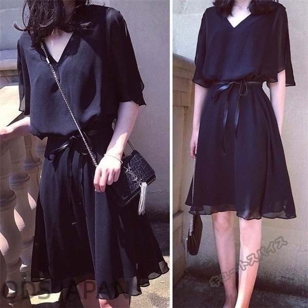 ワンピース レディース 40代 春 夏 膝丈ワンピース きれいめ 半袖 シフォンワンピース Vネック ベルト付き 大きいサイズ 通勤 OL 着痩せ オシャレ 新作 ブラック