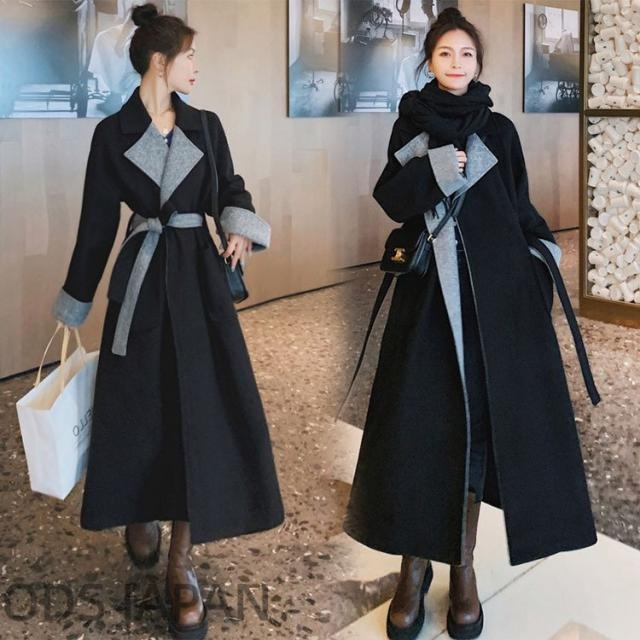ラシャコート コート ジャケット レデイース 秋冬 40代 配色 ベルト付き韓国風 らしゃ きれいめ 長袖コート ロング丈コート カジュアルウエア 上品 着痩せ
